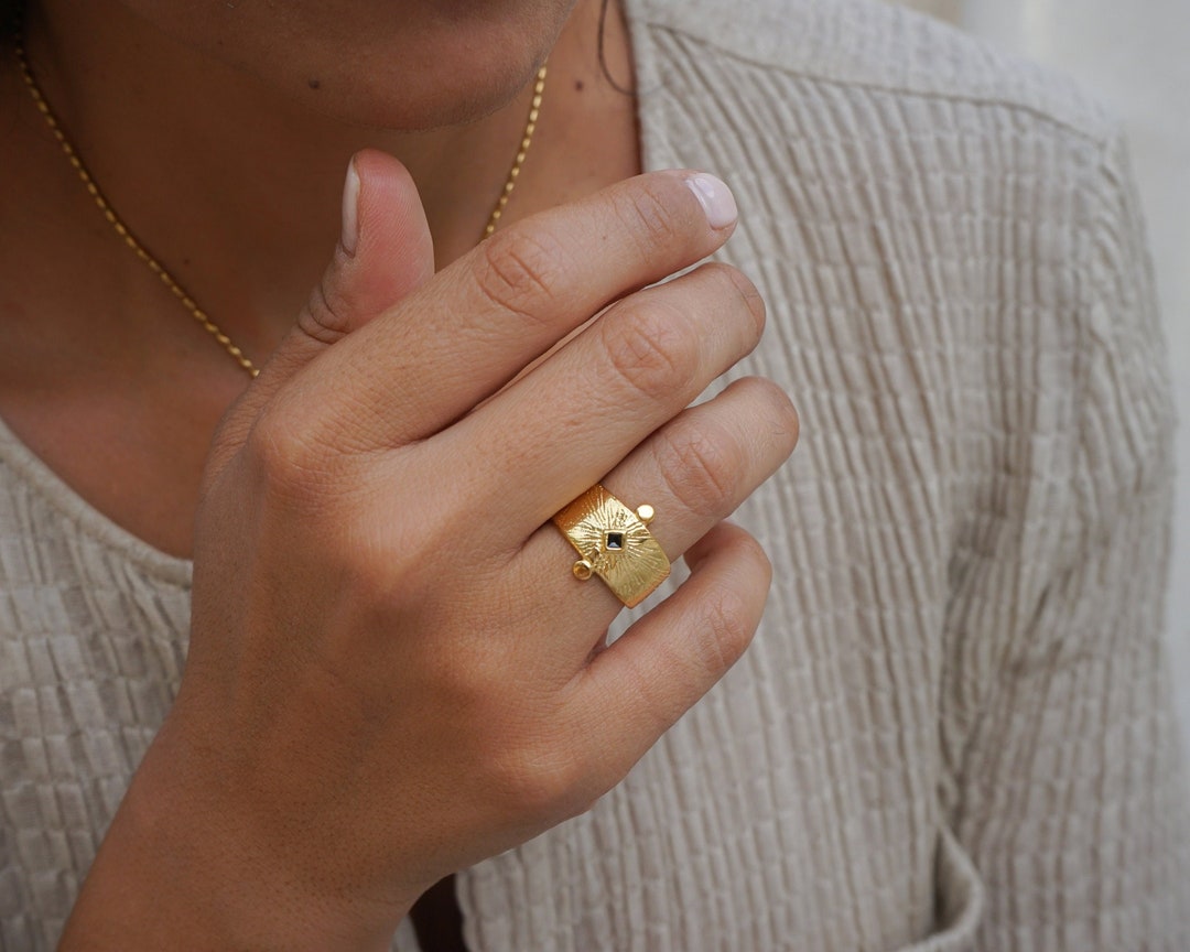 Gold Ethnic Rhombus Ring, 24k Gold Plated Black/turquoise Ethnic Boho ...