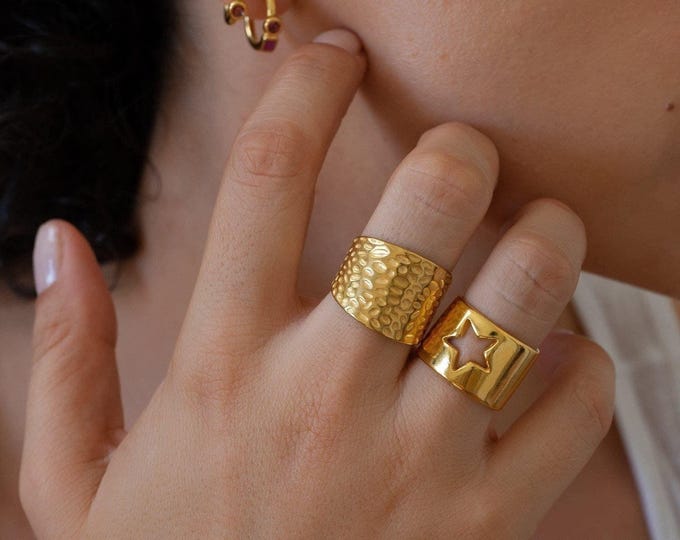 Gold Star Cutout Ring, Long Star Stencil Boho Big Band Ring, 24k Gold ...