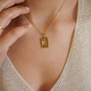 Gold Rectangle Sun Rays / Moon Pendant Necklace, 18k Gold Plated Stainless Steel, Summer ...