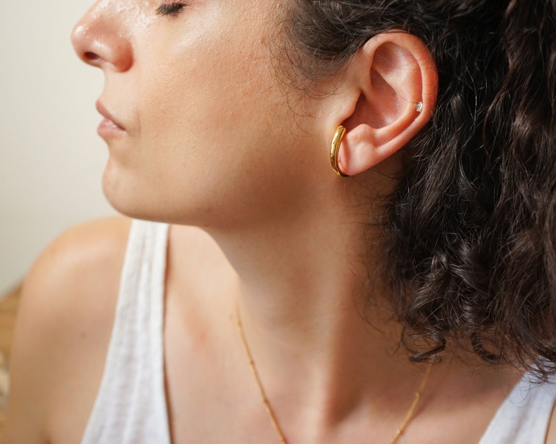 Gold Long Lobe Hugger Earring, Semicircle Ear Hugger Stud Long Stainless Steel Earrings, Long ...