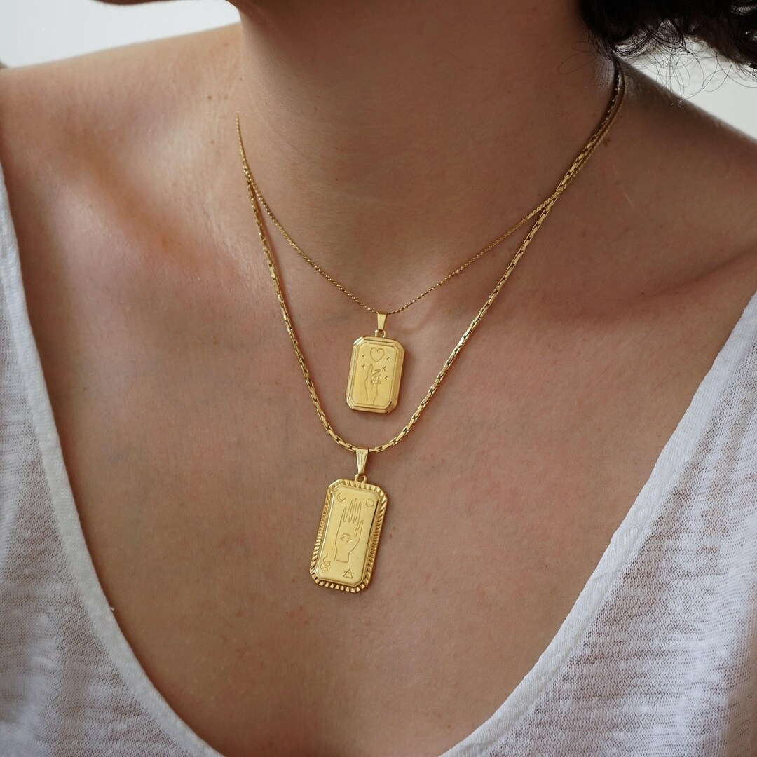 Gold Spiritual Hand Heart Rectangle Pendant Necklace, Star Celestial ...