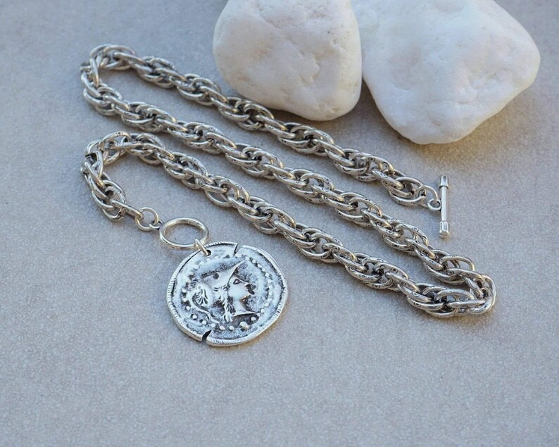 Athena Goddess Coin Pendant Silver T-clasp Locket Necklace, Grecian ...