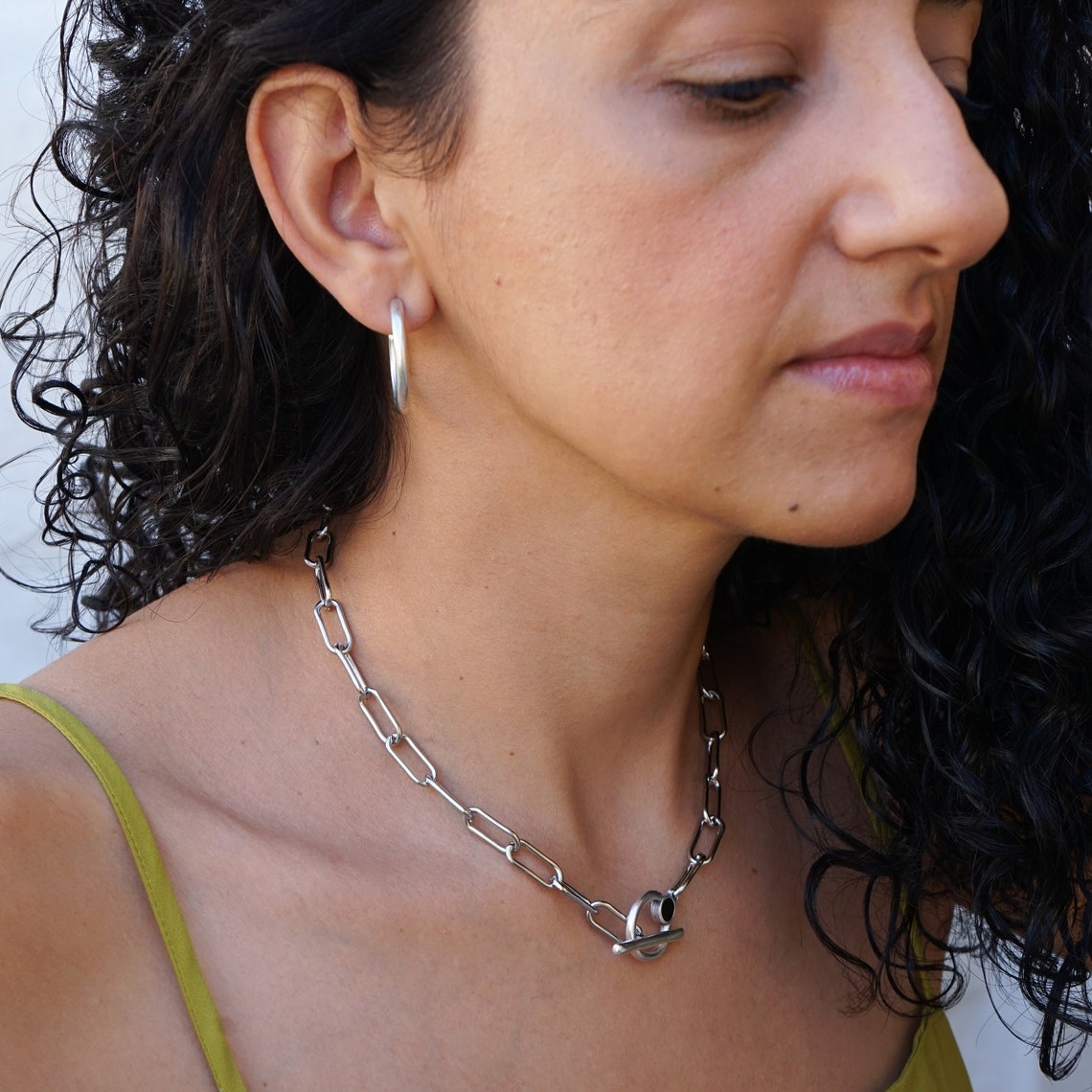 Thick Silver Oval Chain With Black Enamel Stone T-CLASP - Etsy