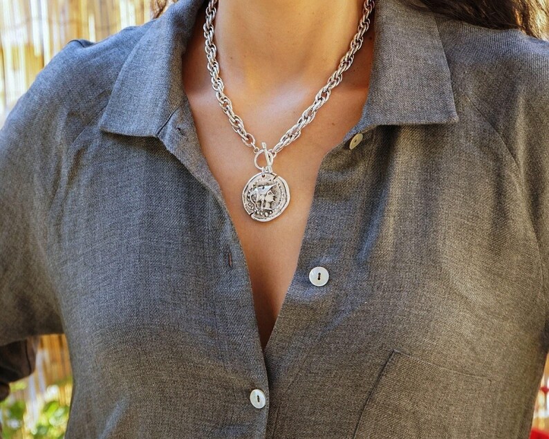 Athena Goddess Coin Pendant Silver T-clasp Locket Necklace, Grecian ...