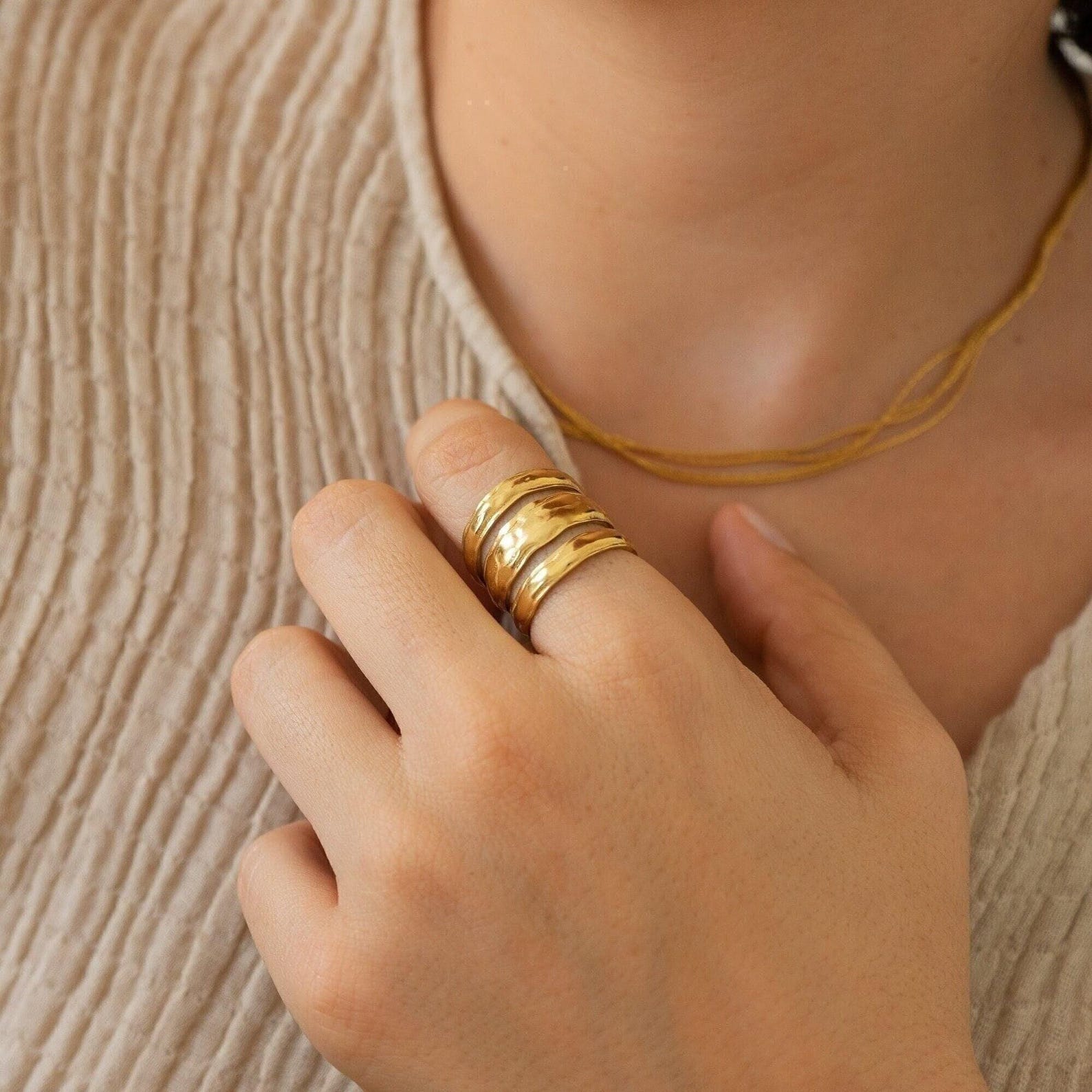 Gold Hammered Lines Ring, Ring Gold Three Lines Waterproof Dainty Boho ...