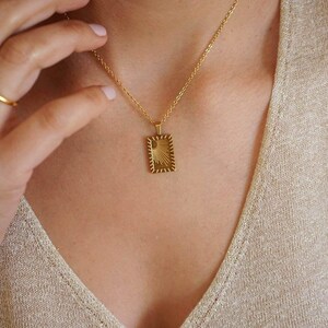 Gold Rectangle Sun Rays / Moon Pendant Necklace, 18k Gold Plated Stainless Steel, Summer ...