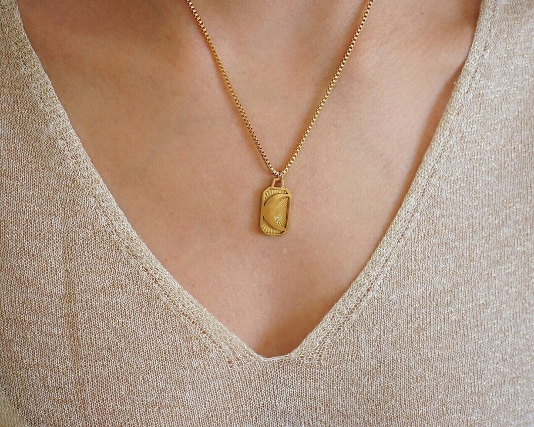 Gold Rectangle Sun Rays / Moon Pendant Necklace, 18k Gold Plated Stainless Steel, Summer ...