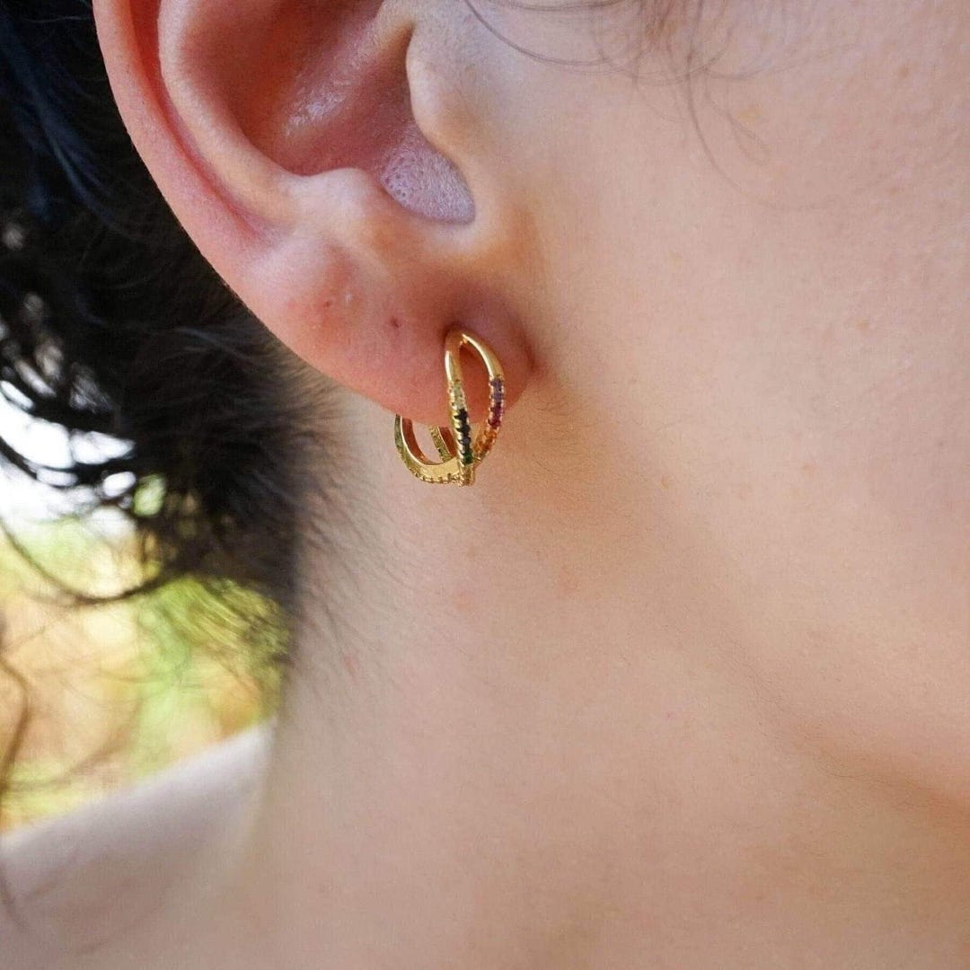 Gold Rainbow Cz Cross Open Hoop Earrings, Medium Huggies Zircon Hoops ...