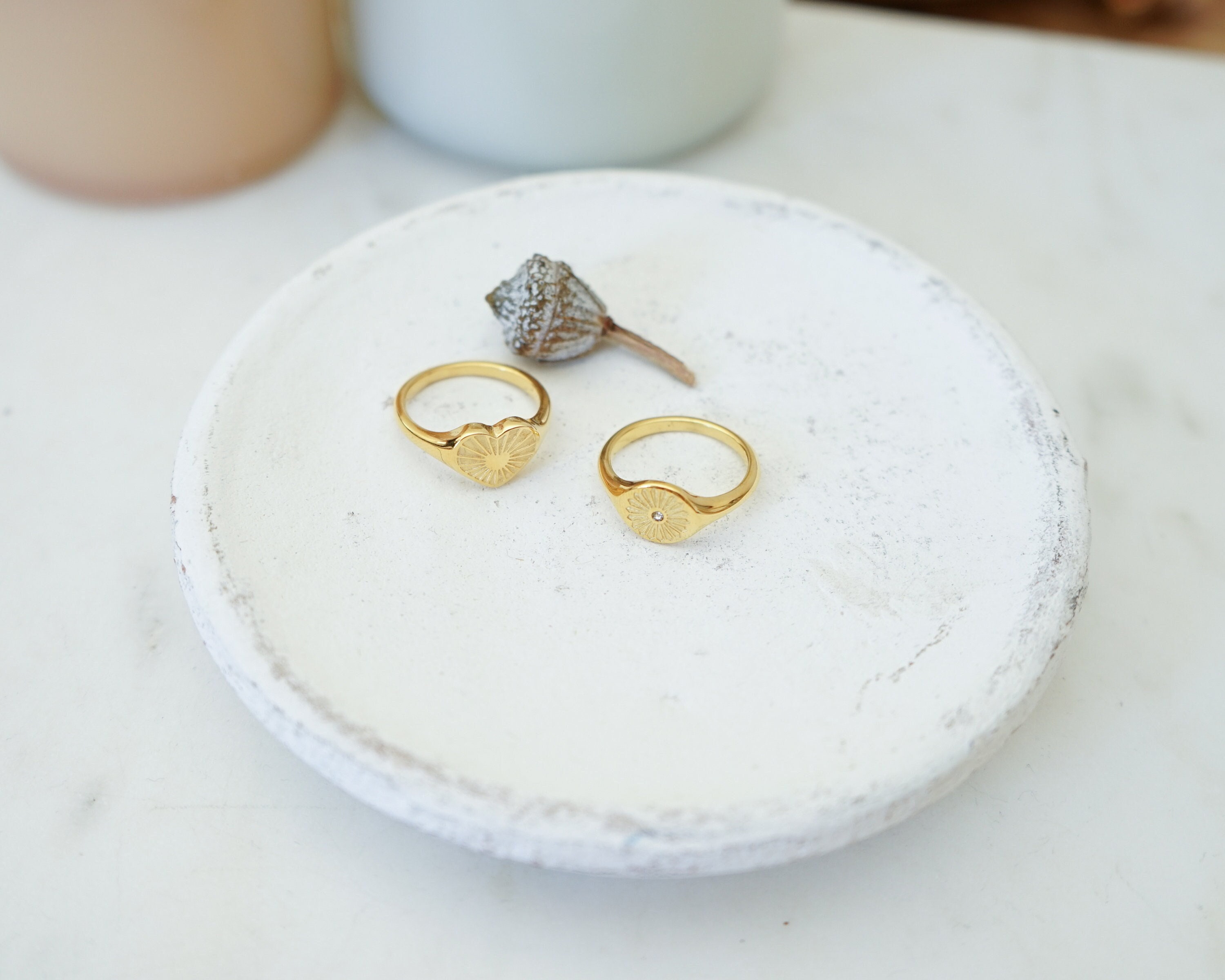 Gold FLOWER HEART Sun Rays Signet Ring, Stainless Steel Boho Delicate ...