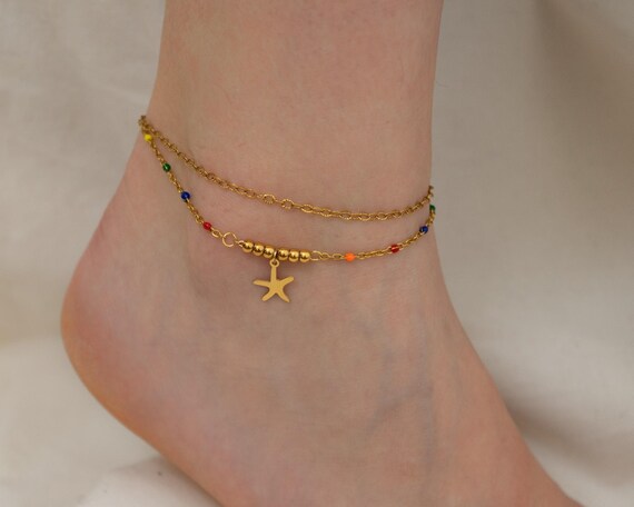 Gold Double Strand Starfish Anklet Stainless Steel Chain Rainbow Enamel Anklet Waterproof Adjustable Anklet Water Resistant Bracelet Women Etsy