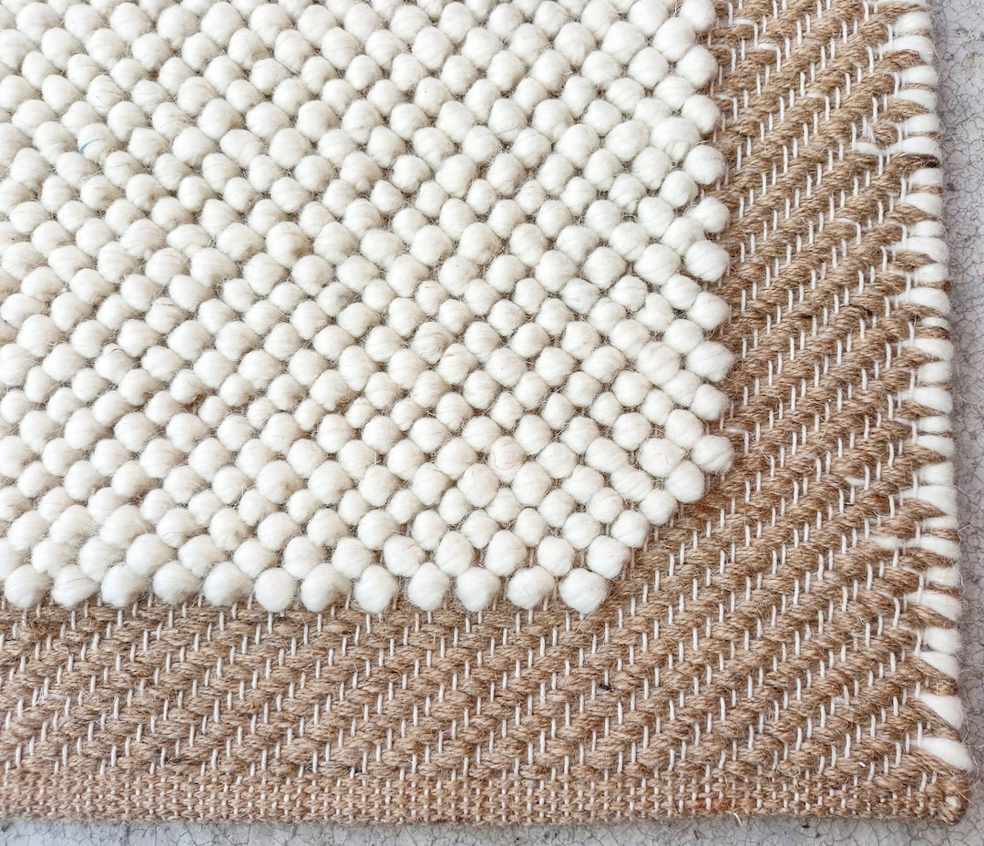 Hand Woven Chunky Loop Wool Jute Area Rug, White Colour, Soft Flatweave ...