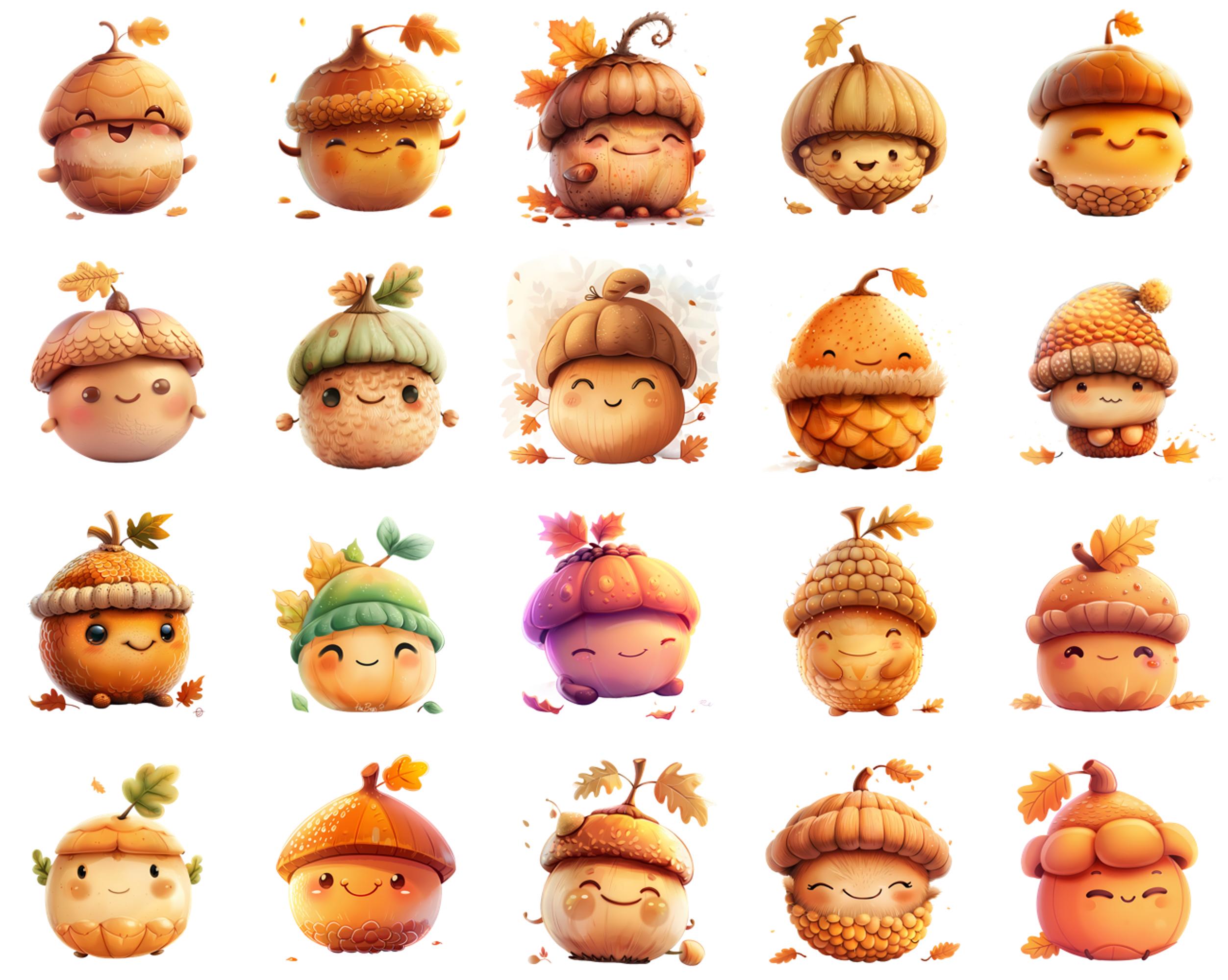 Whimsical Autumn Acorn Characters - Cute Clipart Collection for Instant ...