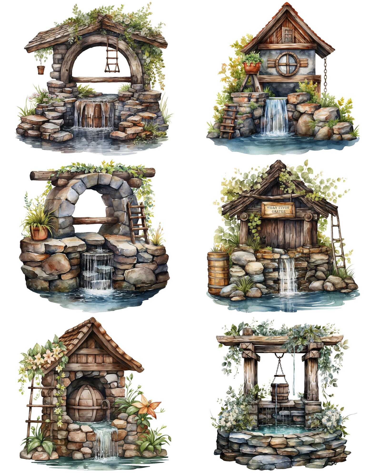 Magical Watercolor Wishing Well PNG – Rustic Stone Well Clipart With ...