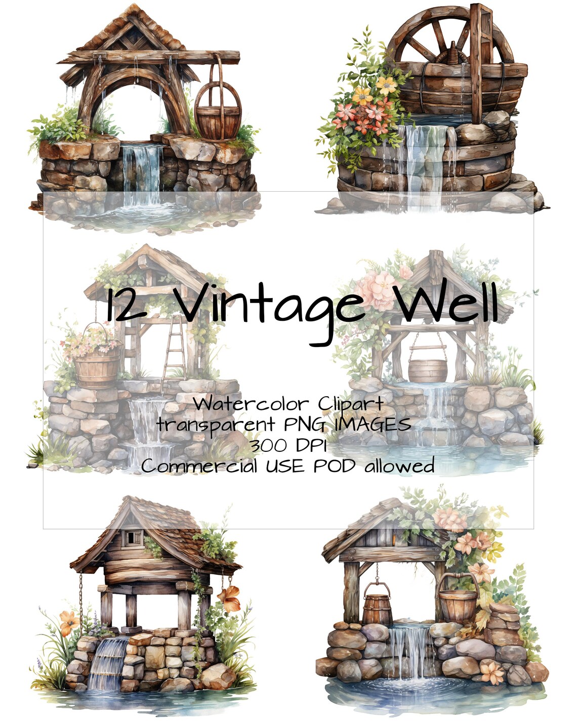 Magical Watercolor Wishing Well PNG – Rustic Stone Well Clipart With ...