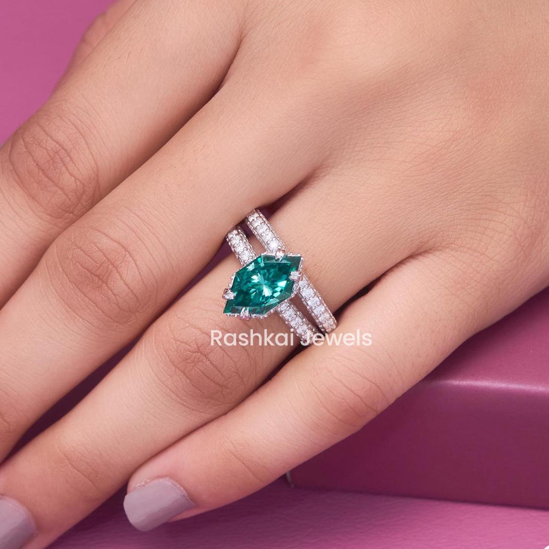 Dutch Marquise Fancy Green Moissanite Ring Set | Hidden Halo Engagement ...