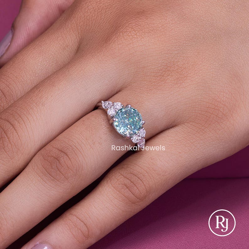 Antique Portuguese Cut Bluegreen Moissanite Engagement Ring, Seven ...