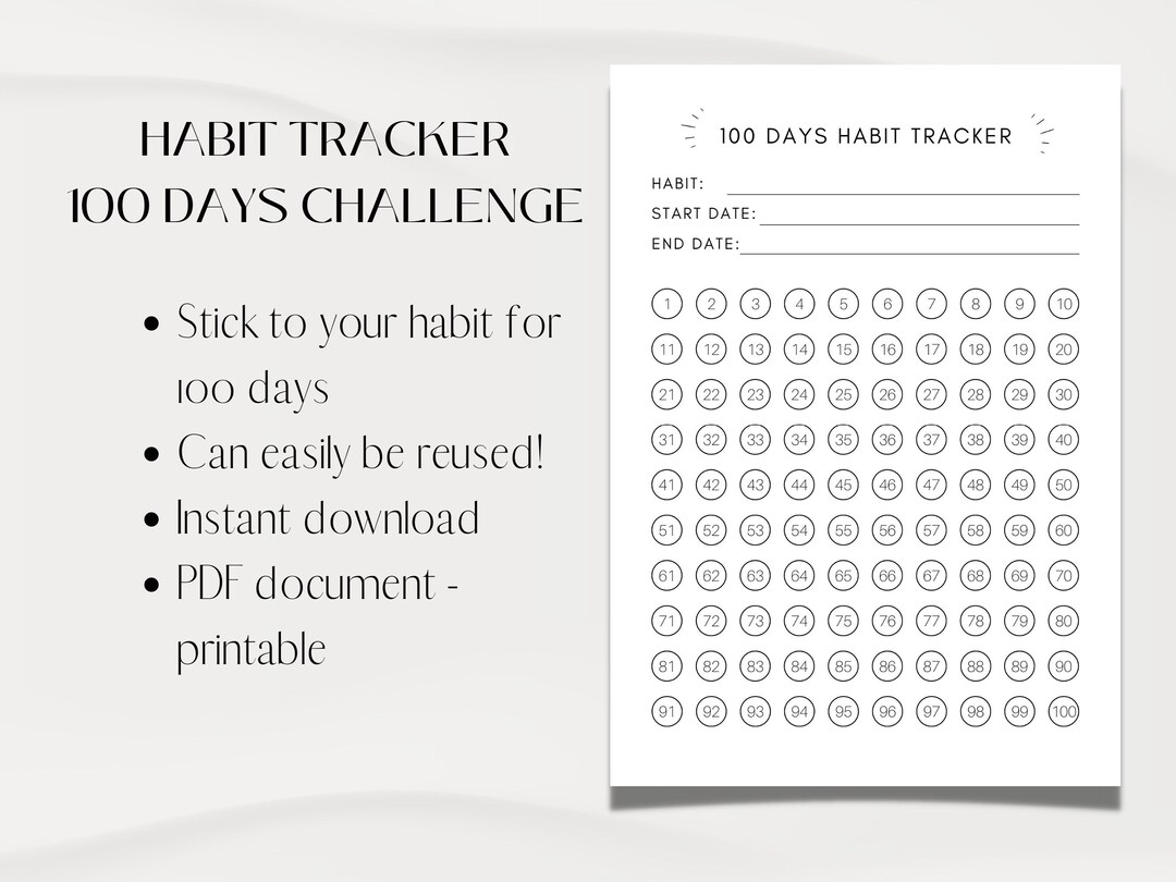 Habit Tracker Printable 100 Days Challenge Minimalistic Tracker Yearly ...