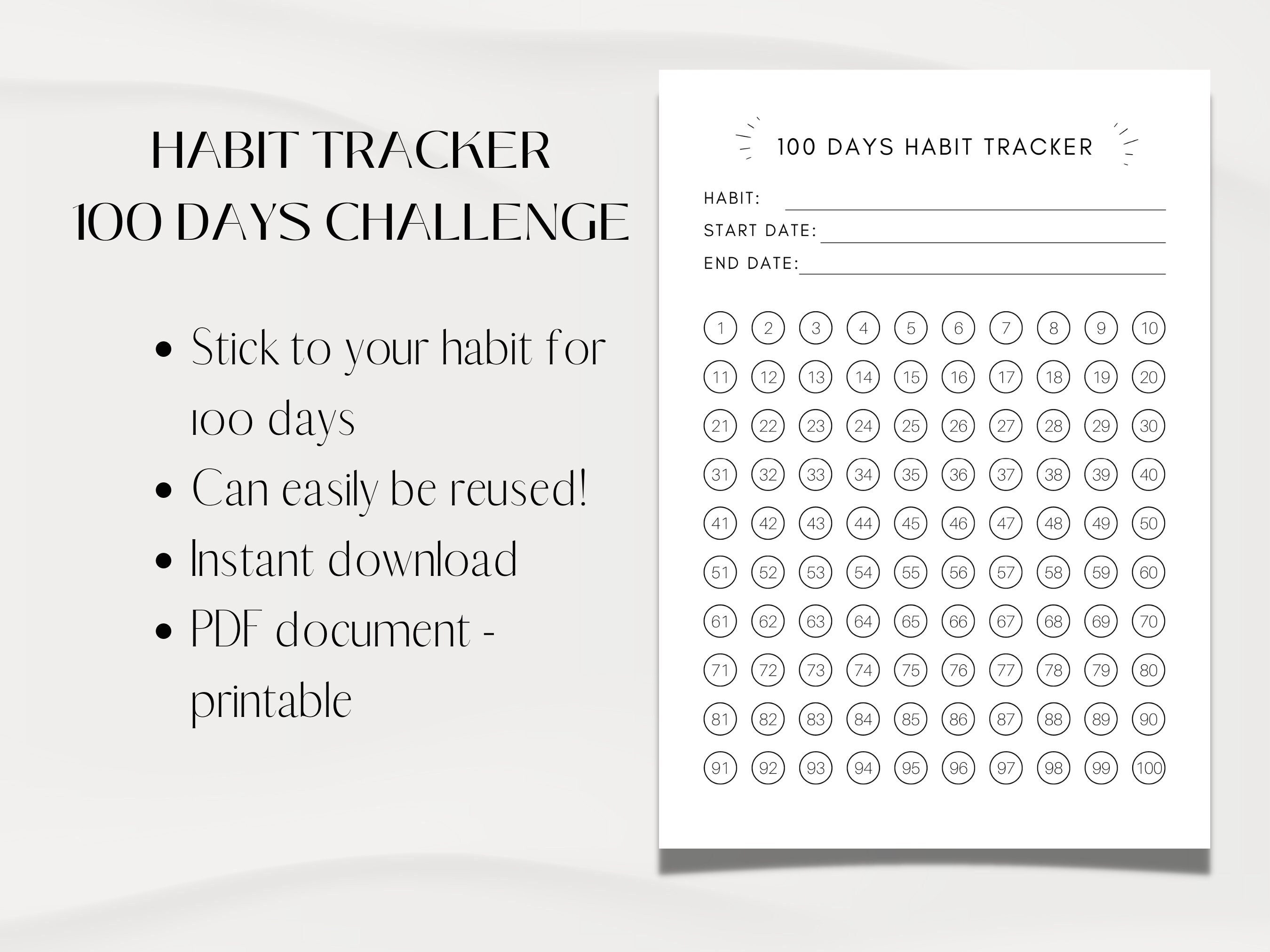 Habit Tracker Printable 100 Days Challenge Minimalistic Tracker Yearly ...