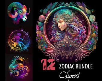 Zodiac Bundle PNG Sublimation Horoscope Design Rainbow Fantasy Galaxy Celestial Star Sign Design ...