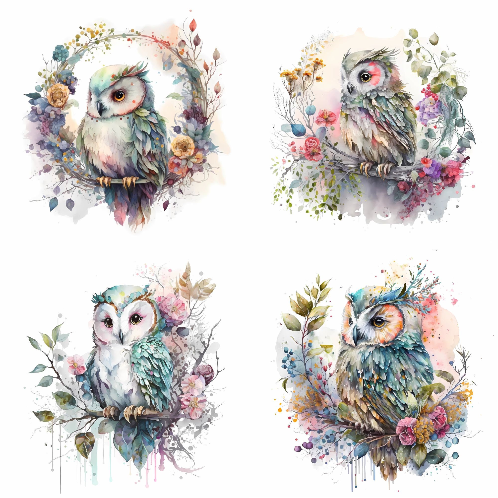 Owl Colorful Clipart Watercolor Illustration Spring Floral - Etsy