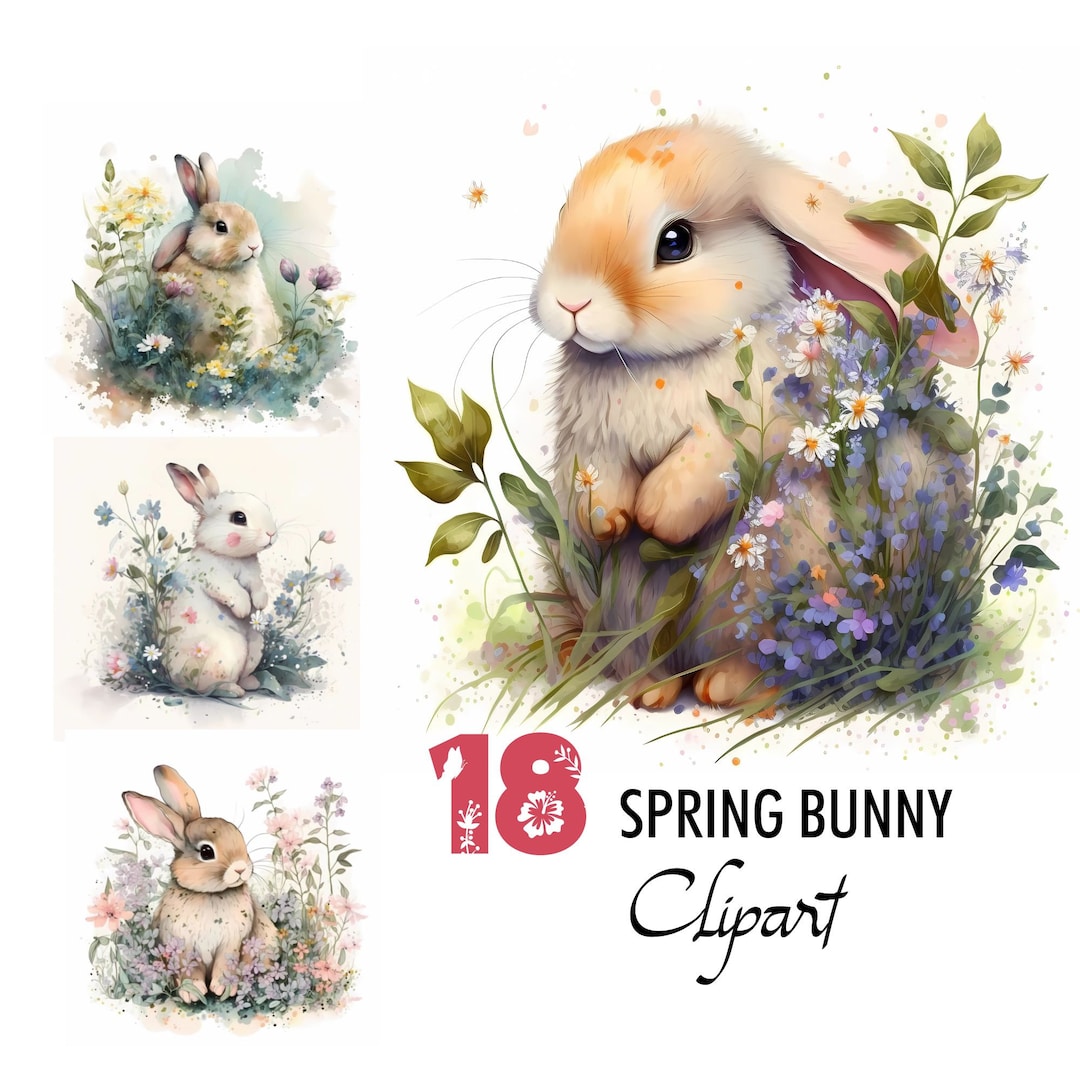 Spring Rabbit Clipart Bunny Floral Digital Illustration Paper Crafting ...
