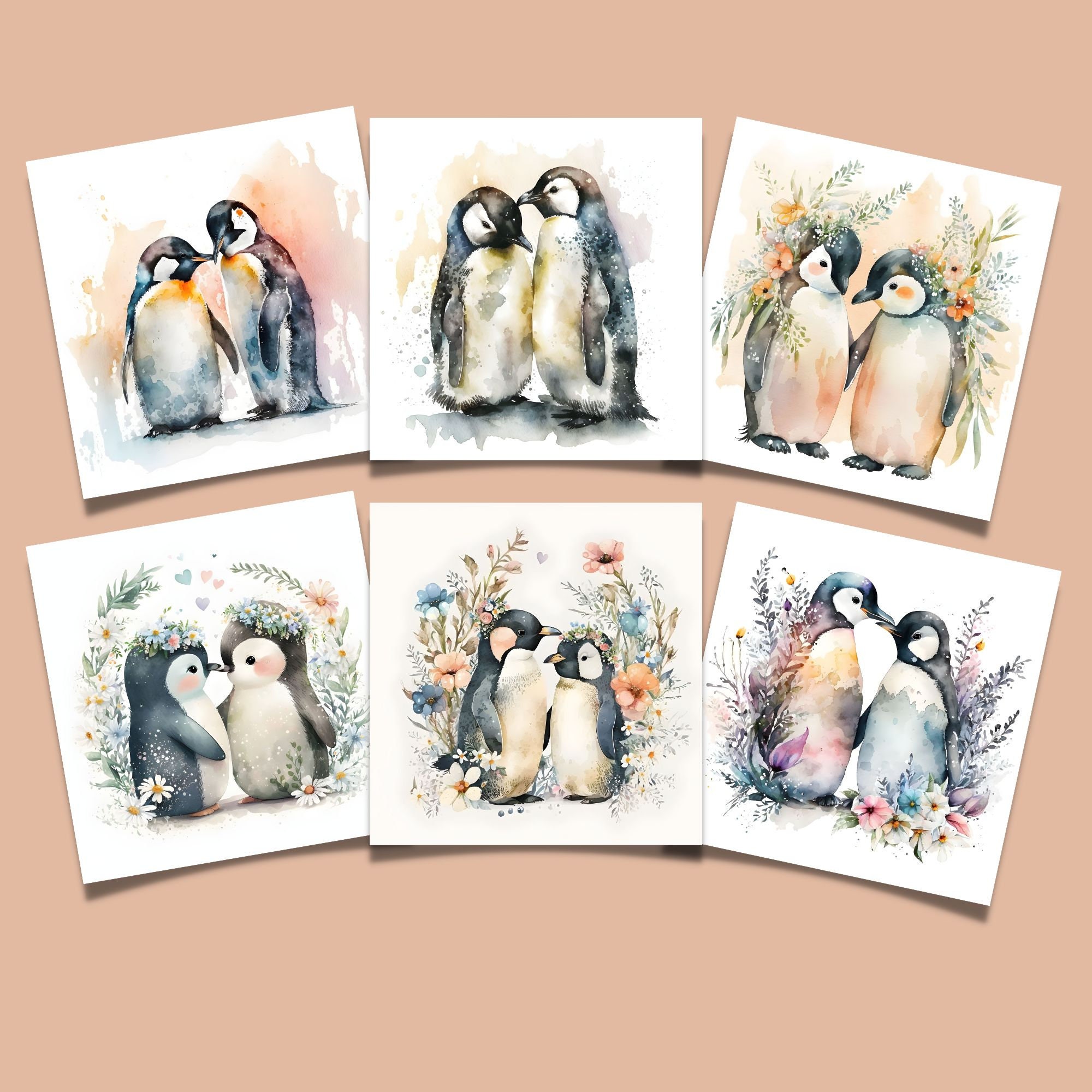 Watercolor Penguin Couple Clipart Digital JPG Valentine's - Etsy