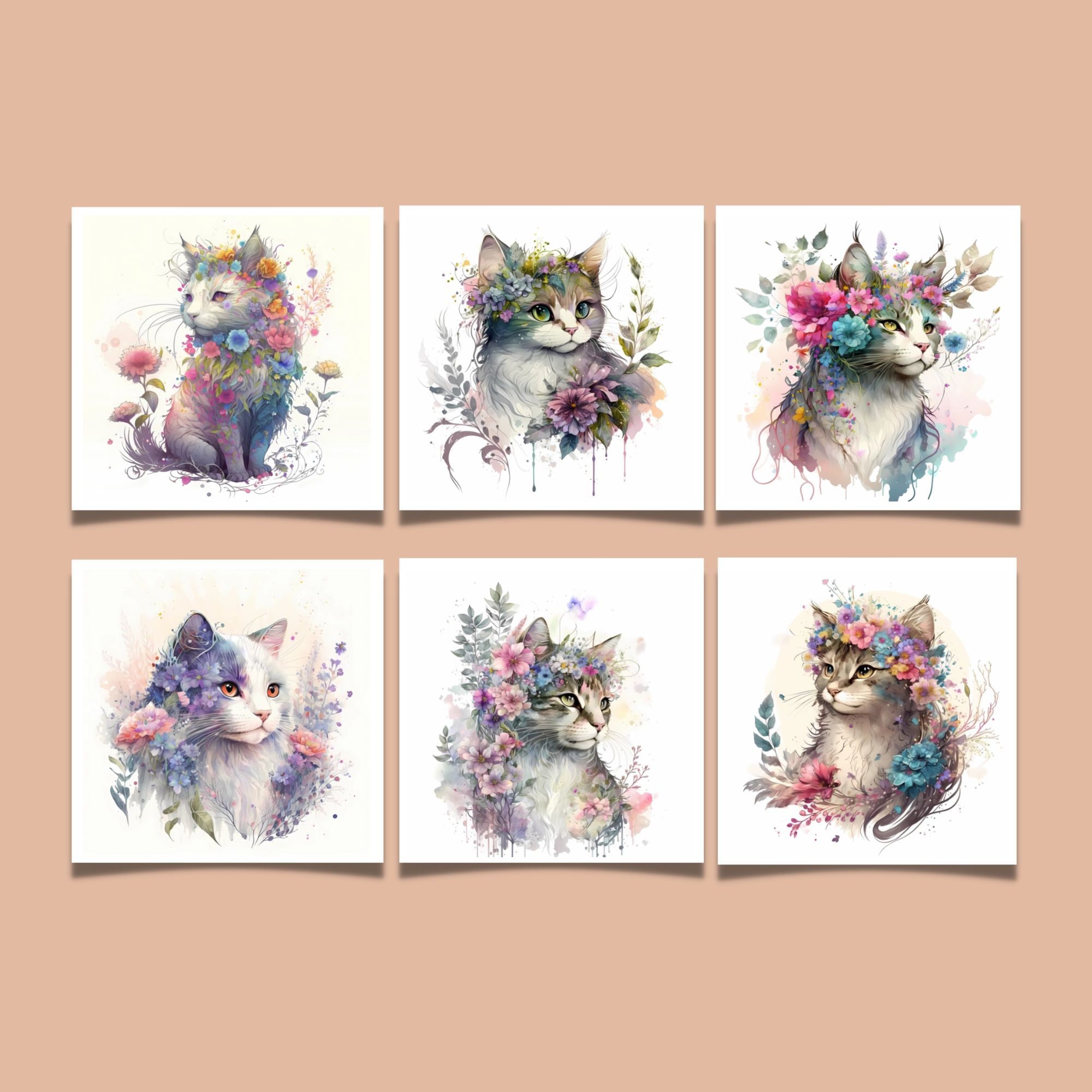 Flower Cat Kitten Clipart Floral Digital Illustration Paper - Etsy