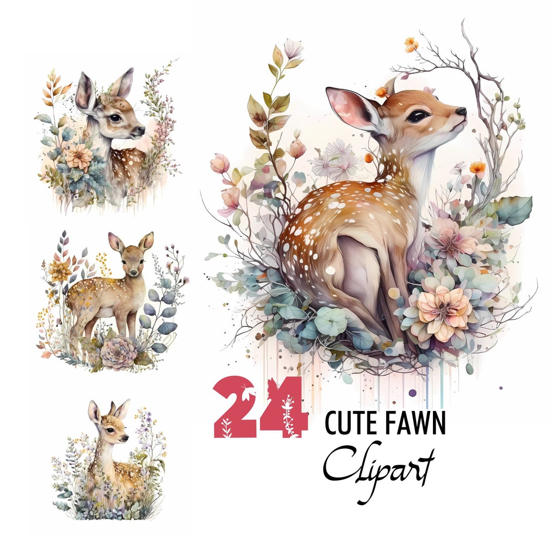 Fawn in Spring Clipart Baby Deer Digital Illustration Paper Crafting ...