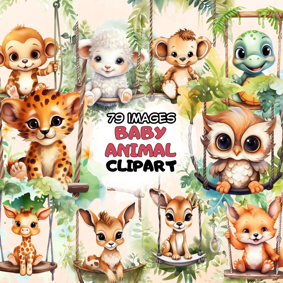 Baby Animals on Swing PNG Clipart Bundle Safari Nursery Animals Image ...