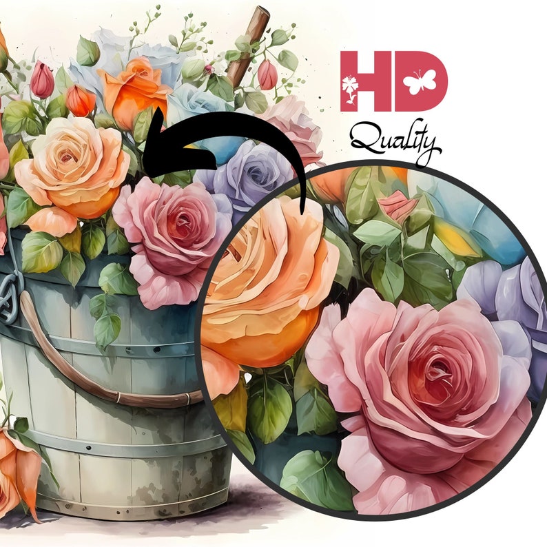 Roses Bucket Clipart Floral Boho Plant Wildflower Digital - Etsy
