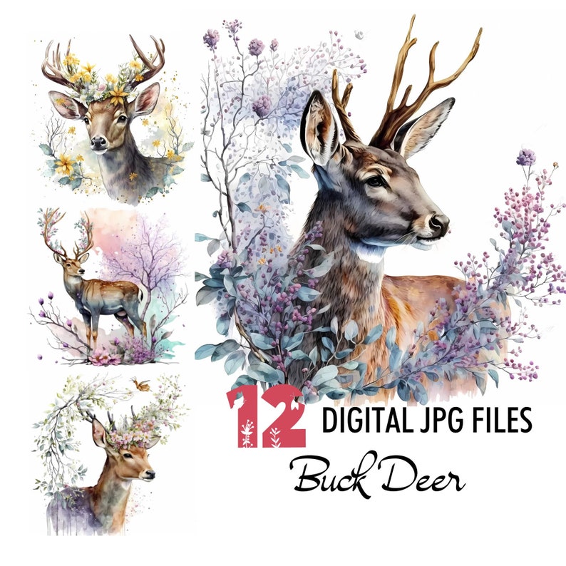 Buck Deer Watercolor Clipart Junk Journal Animal JPG Illustration ...