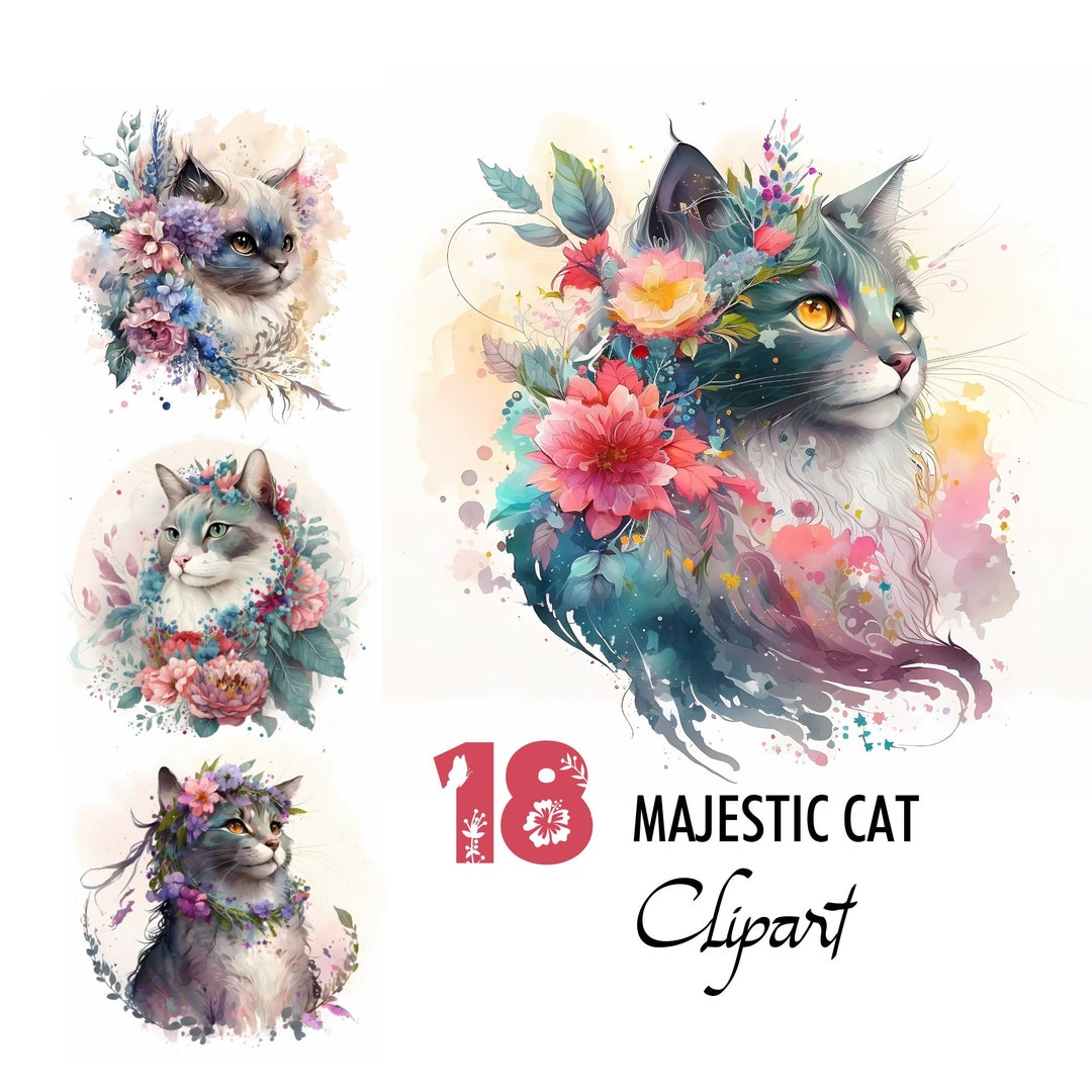 Majestic Cat Kitten Clipart Floral Digital Illustration Paper Crafting ...