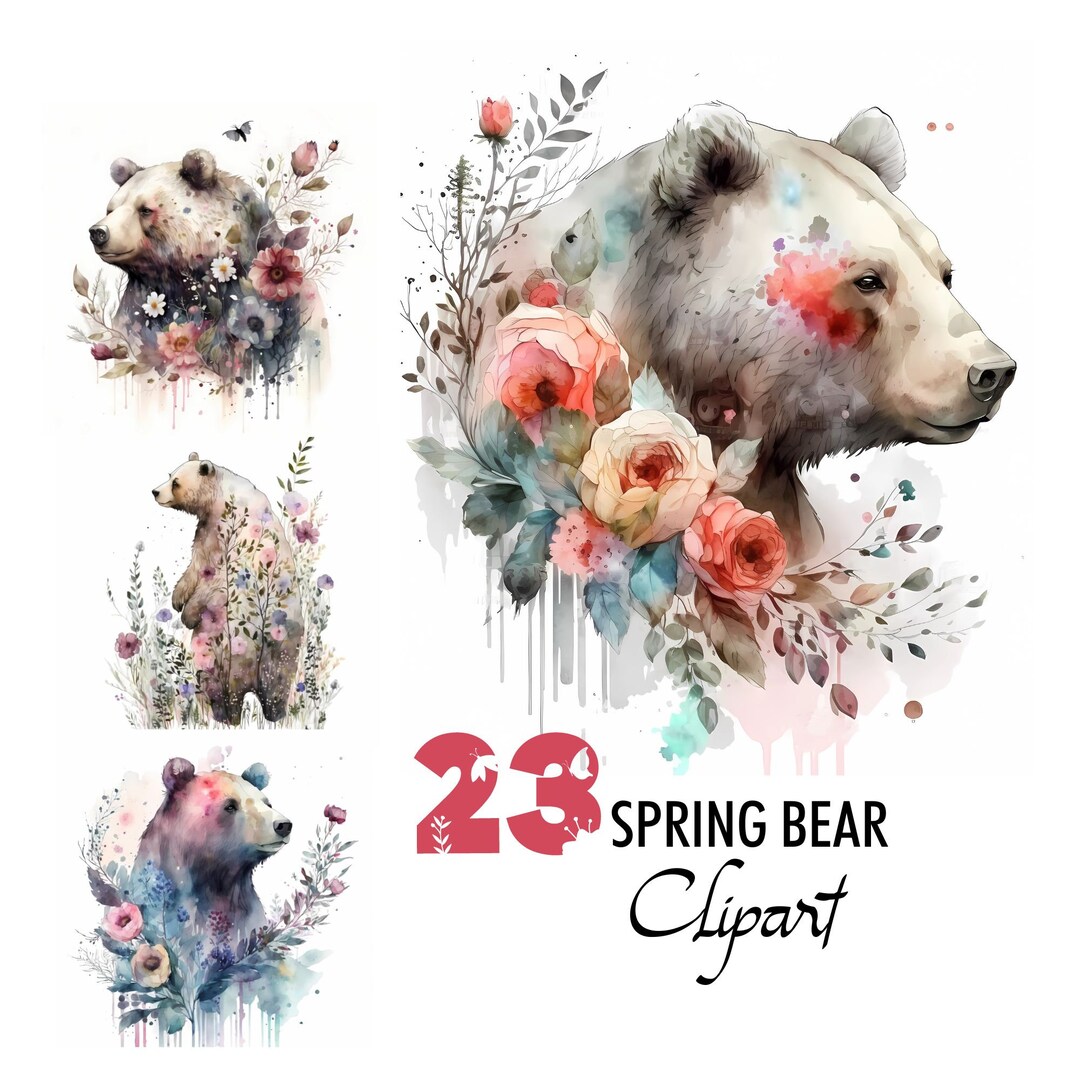 Spring Bear Watercolor Floral Clipart Digital Illustration Paper ...