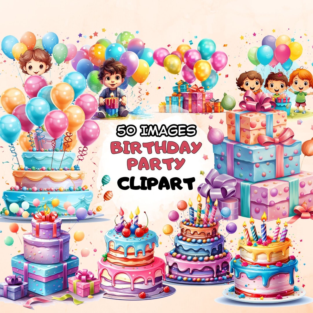 Kids Birthday Party Elements PNG Clipart Bundle Balloon Cake Present ...