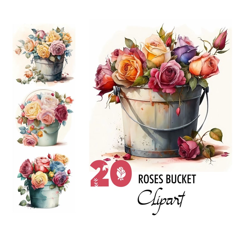 Roses Bucket Clipart Floral Boho Plant Wildflower Digital - Etsy