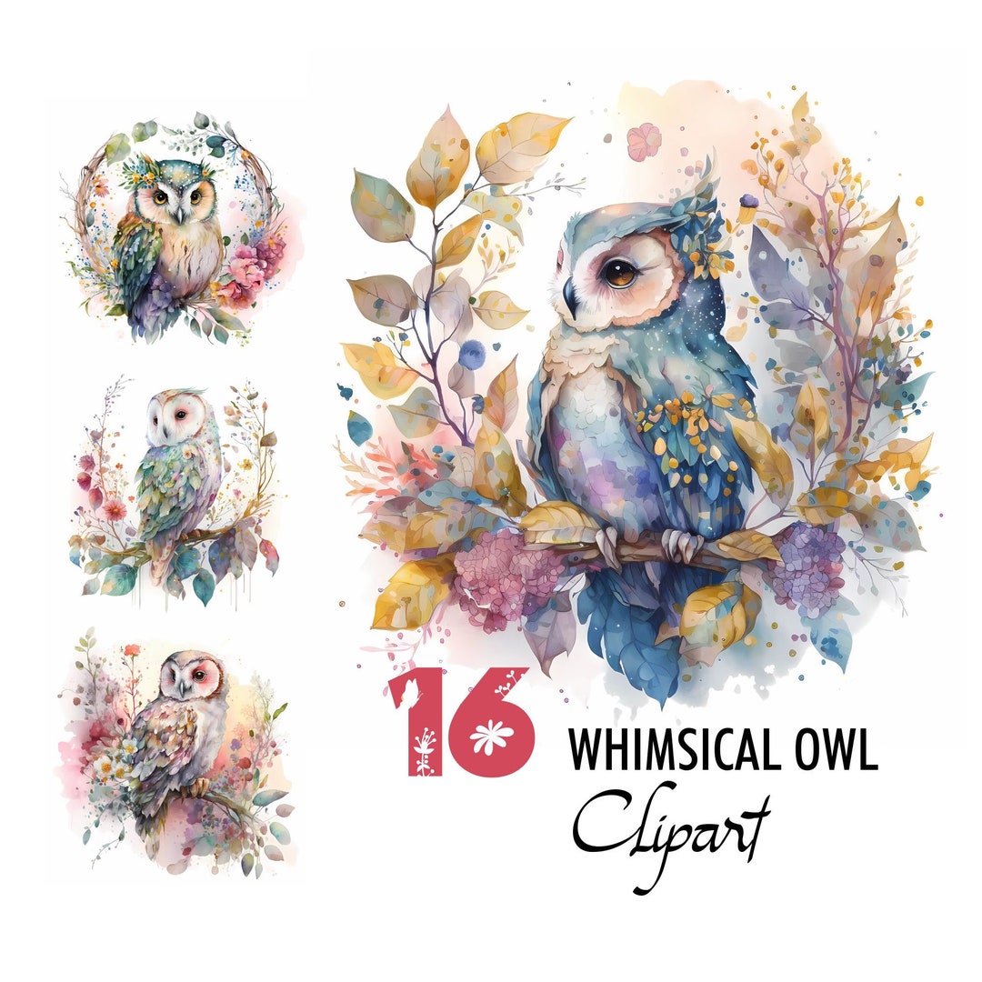 Whimsical Owl Clipart Watercolor Illustration Spring Floral Digital ...