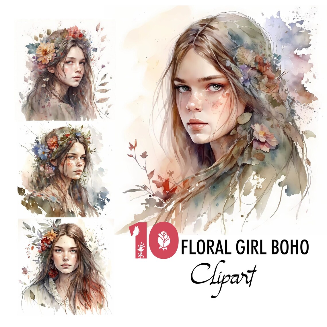 10 Floral Girl Boho Clipart Watercolor Illustration Floral - Etsy