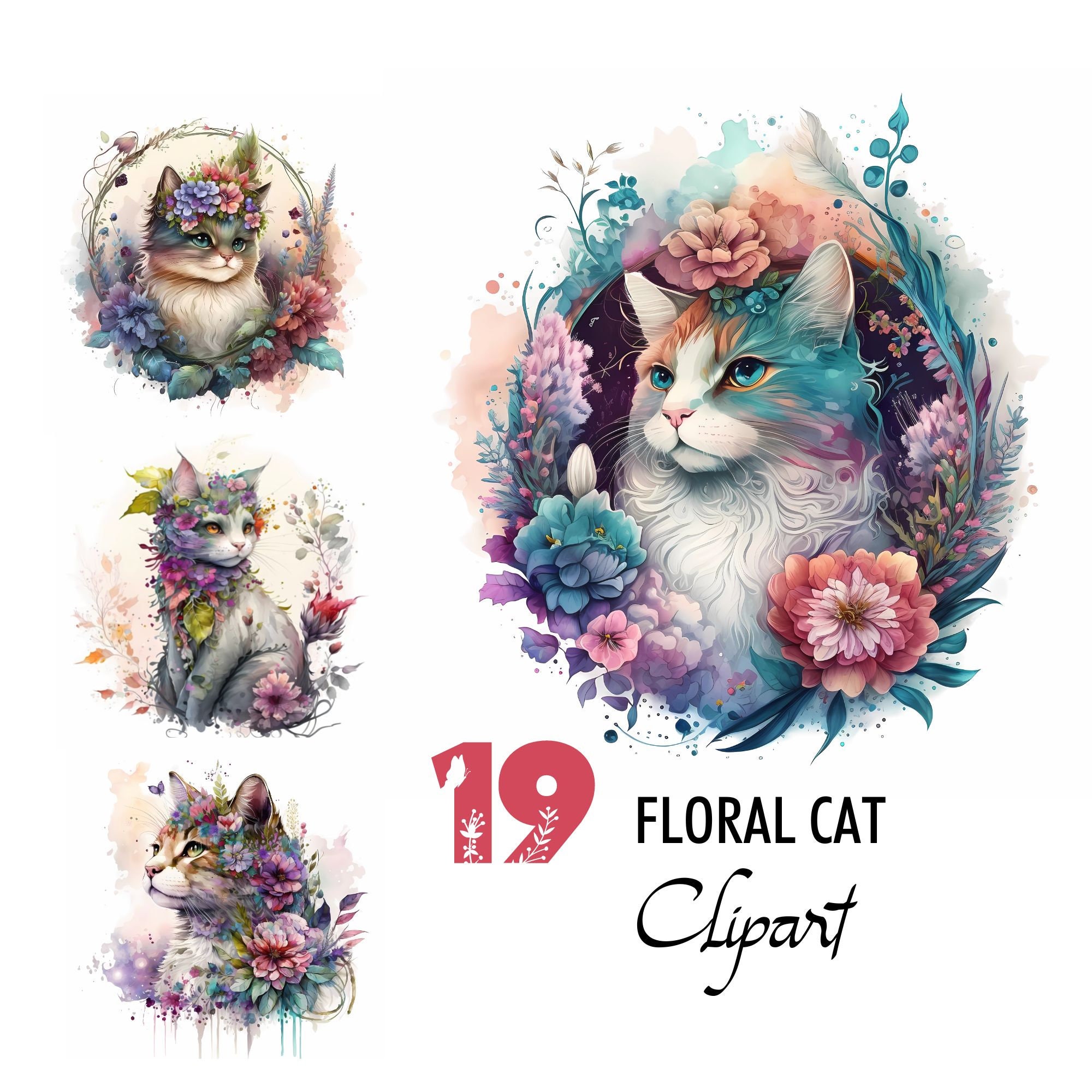 Flower Cat Kitten Clipart Floral Digital Illustration Paper - Etsy