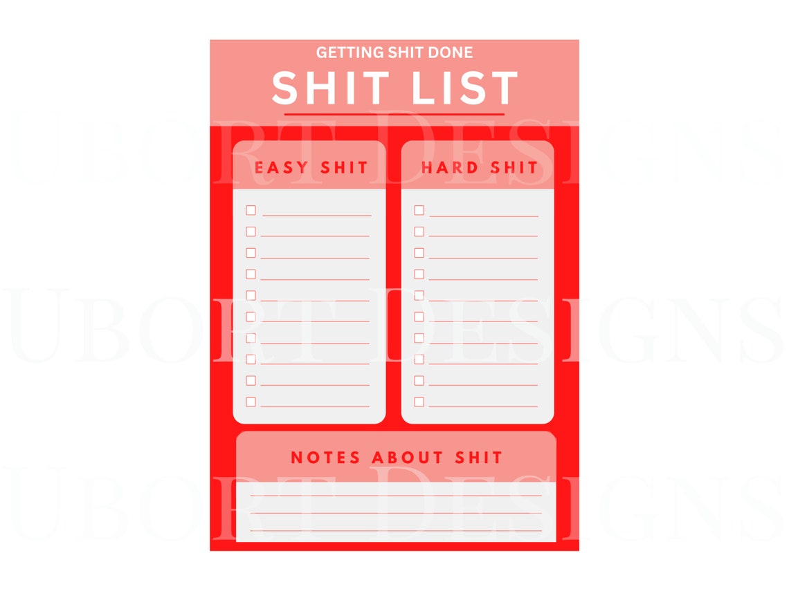 Getting Shit Done: Shit List Printable Checklist to Do List. Humorous ...