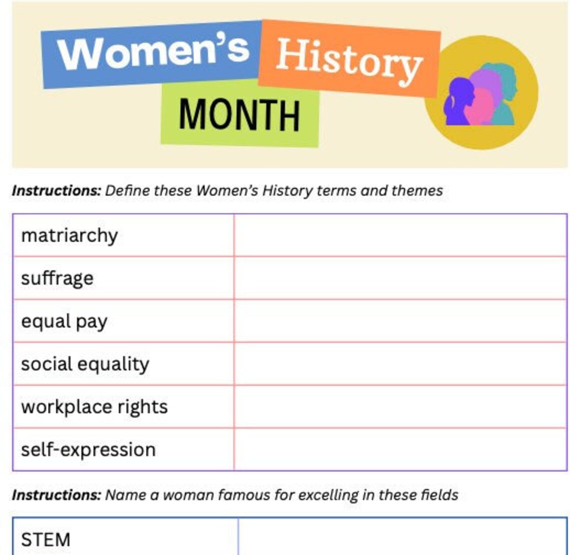 Women's History Month Worksheet for Students, Learners, Homeschool ...