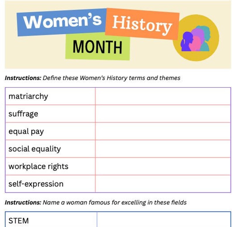 Women's History Month Worksheet for Students, Learners, Homeschool ...