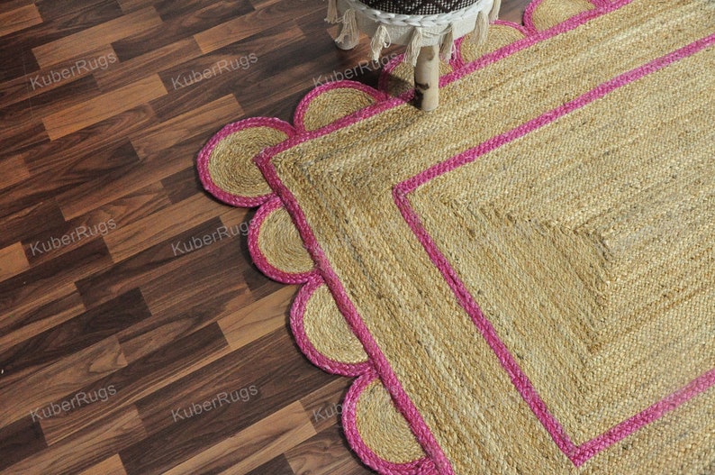 Pink Border Jute Scalloped Rug Handmade Rug, Pink Jute Rugs Boho Decor ...