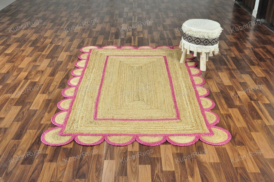 Pink Border Jute Scalloped Rug Handmade Rug, Pink Jute Rugs Boho Decor ...