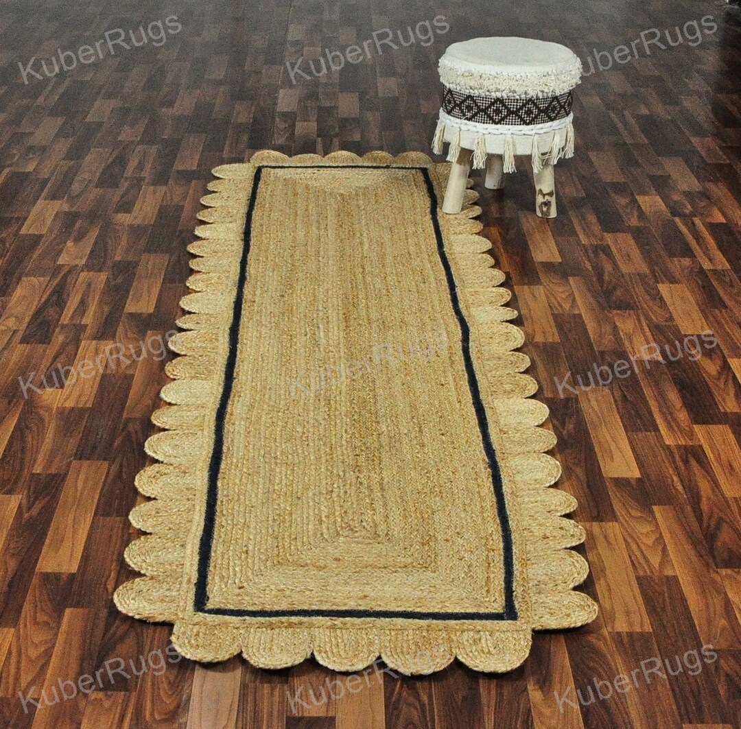 Scalloped Runner Rug Navy Blue Border Jute Runner Rug Scallop Runner ...