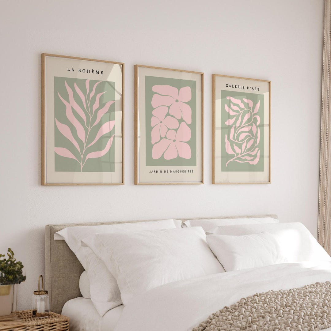 Sage & Pink Prints, 3 Set, Sage Green Wall Art, Botanical Prints, Pink ...
