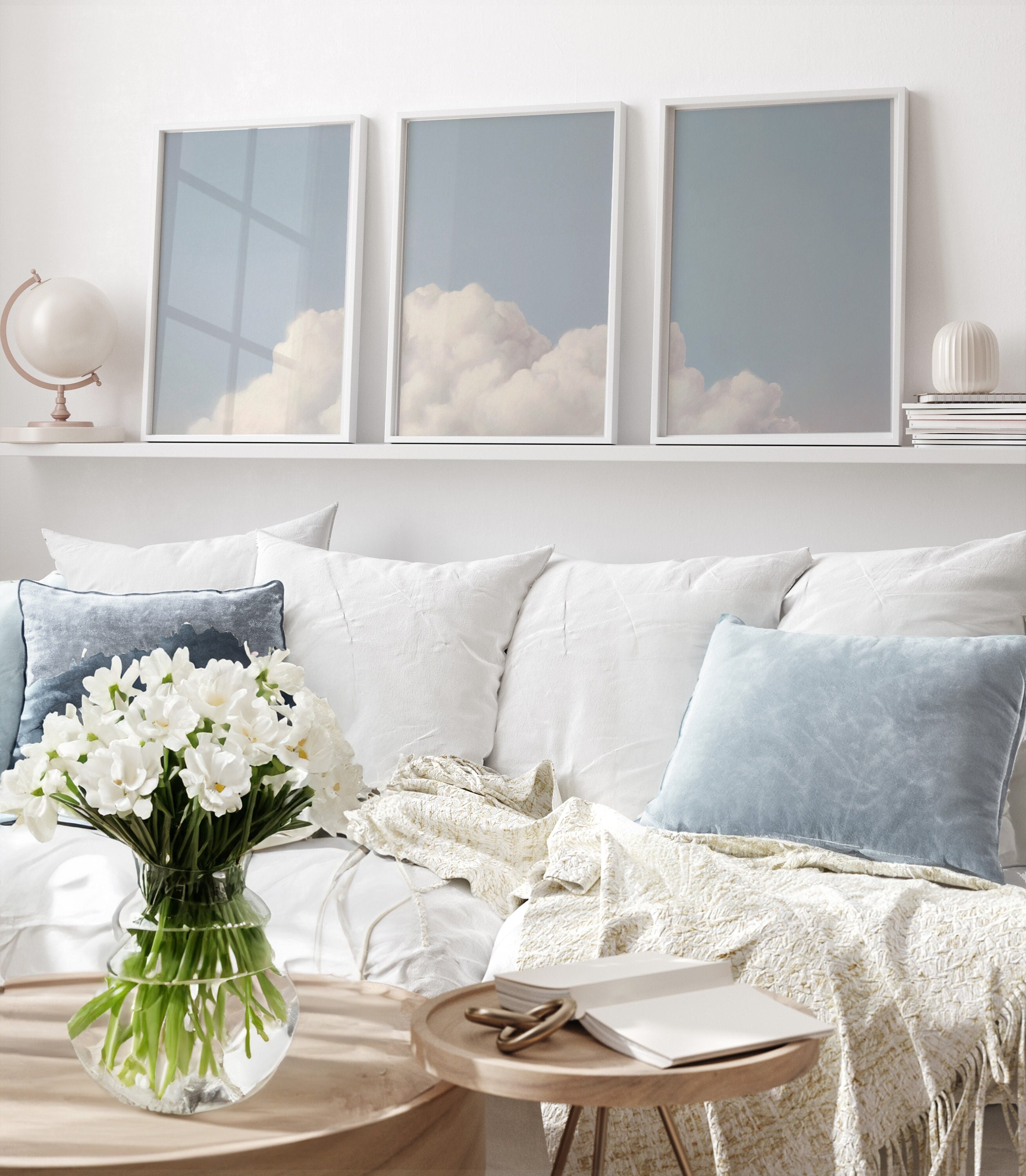 Dreamy Cloud Prints, Set of 3, Blue Wall Art, Above Bed Prints, Bedroom ...