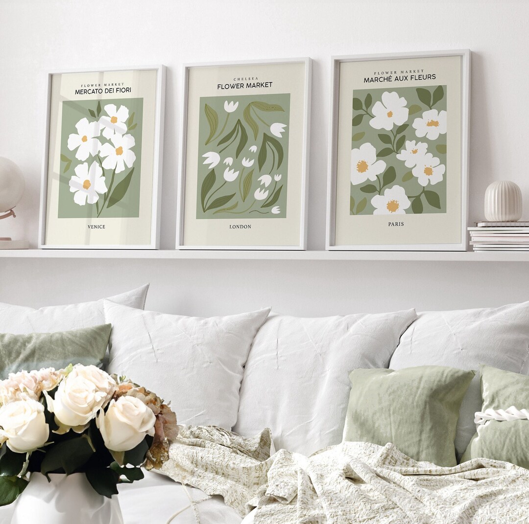 Sage Green Prints, Set of 3, Flower Market Prints, Green Wall Art, Sage ...