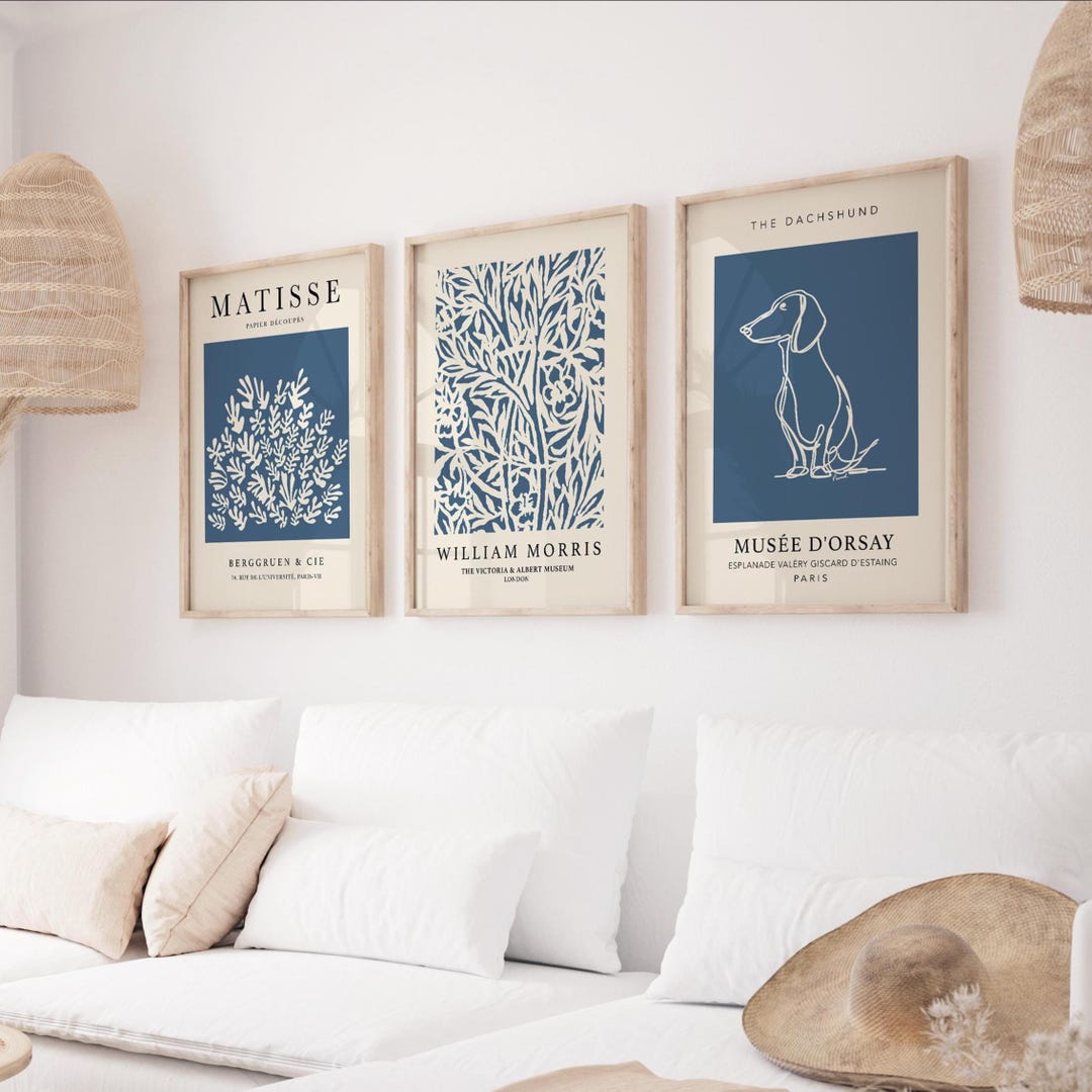French Navy Prints, Set of 3, Matisse, William Morris, Navy Wall Decor, Blue Wall Art, Botanical ...