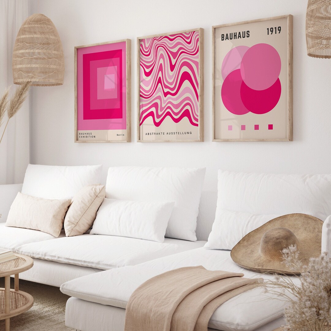 Fuchsia Pink Prints, Set of 3, Pink Wall Art, Bauhaus Prints, Colourful ...