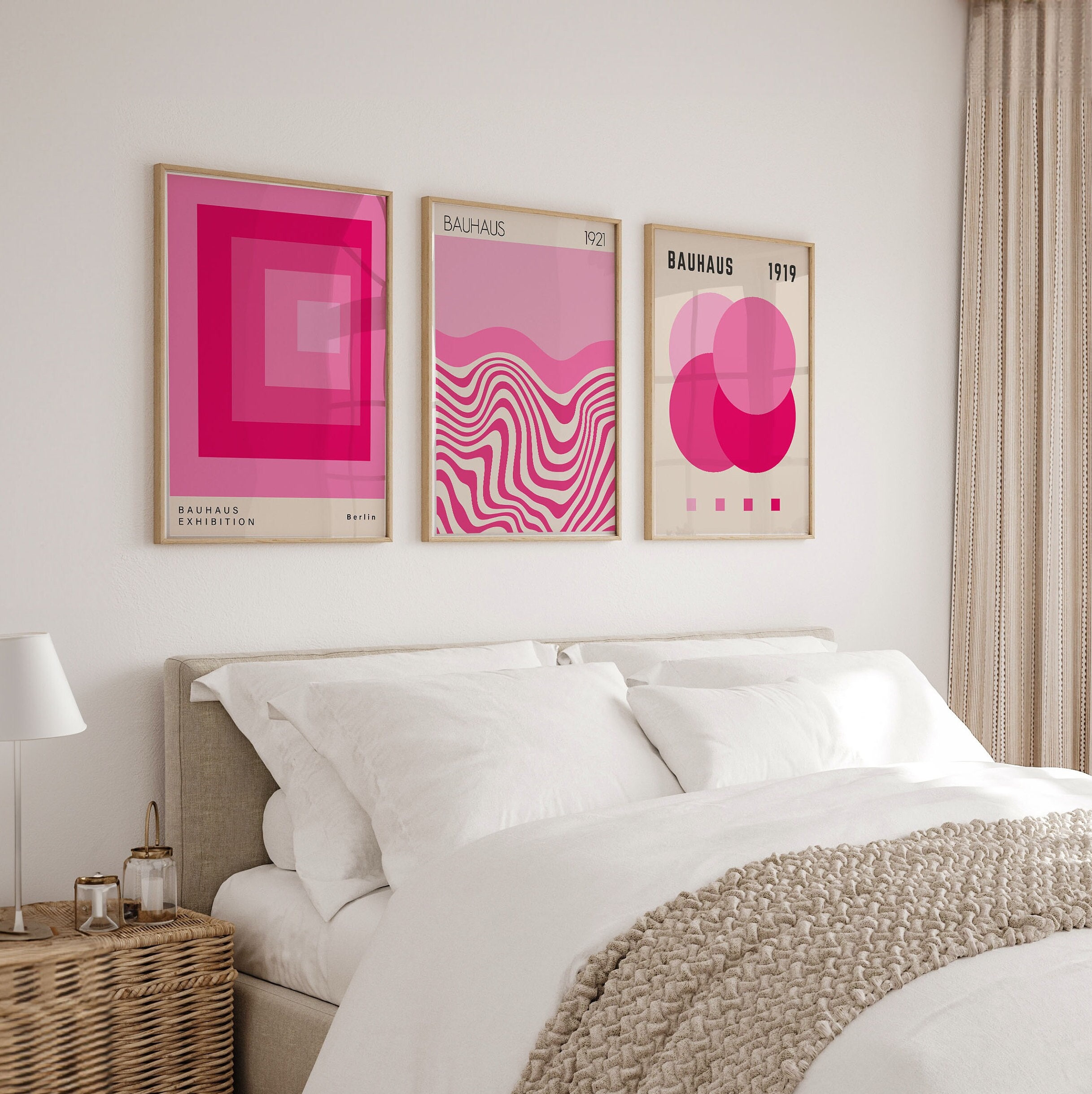 Fuchsia Pink Prints, Set of 3, Pink Wall Art, Bauhaus Prints, Colourful ...